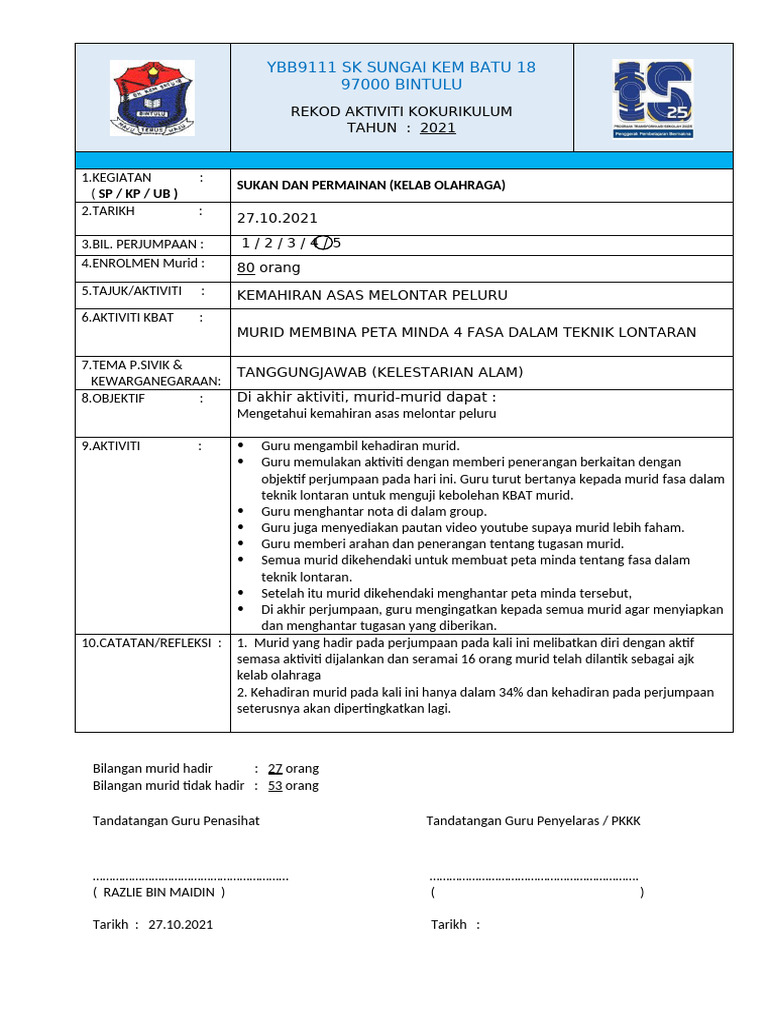 Aktiviti Kokurikulum Lontar Peluru 2021 | PDF