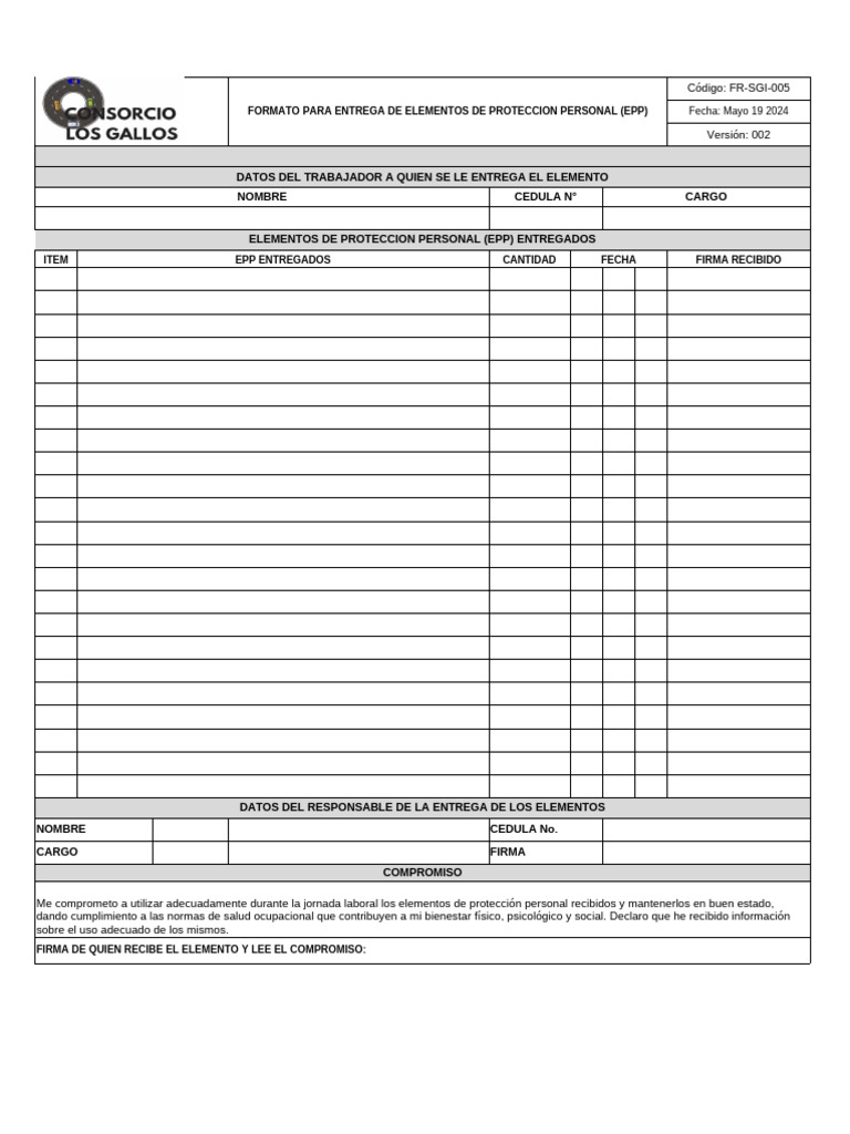FR-SGI-005 -Formato de Entrega de EPP | PDF