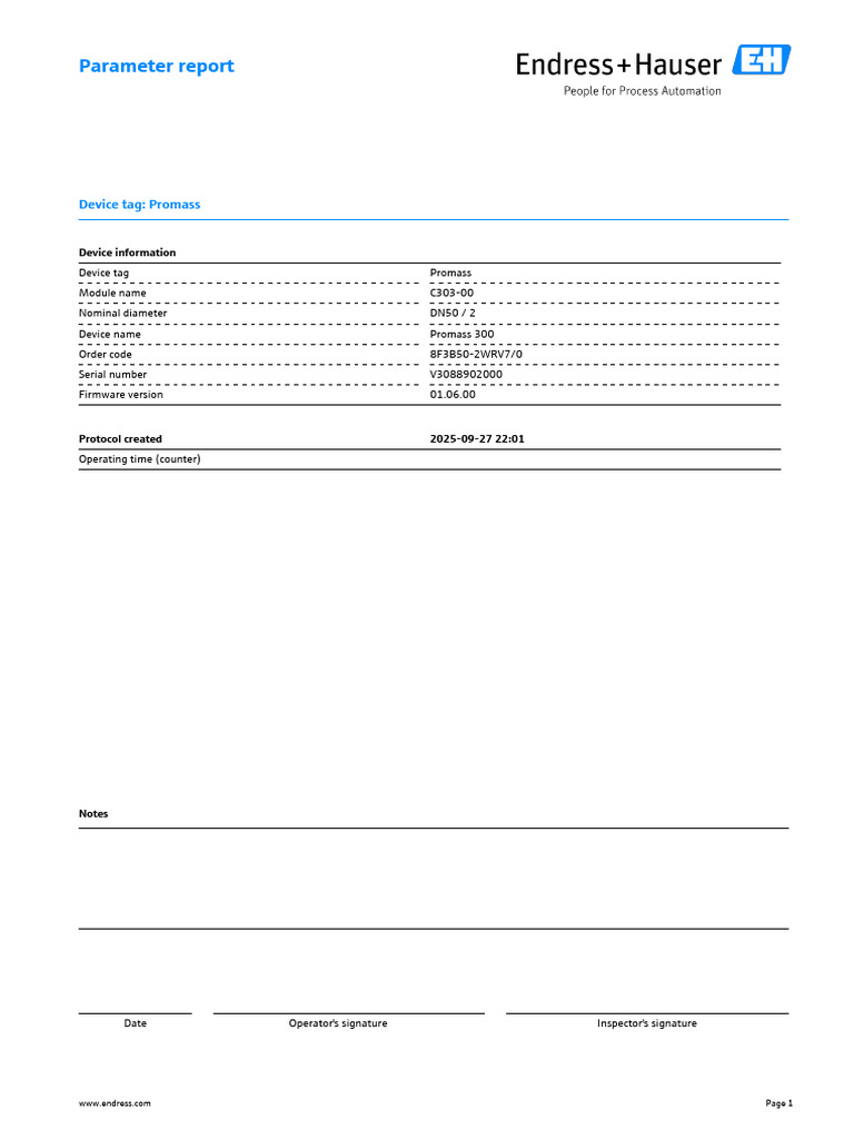 Promass 300 Device Configuration Report | PDF