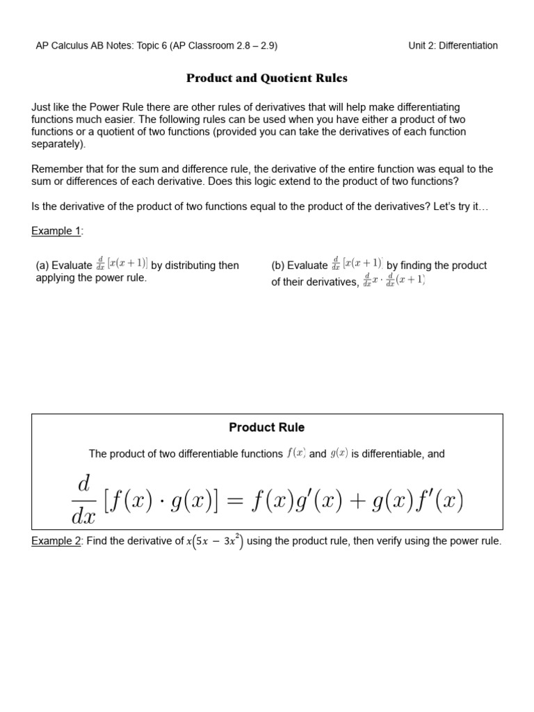 CalcAB 2-6 - Product and Quotient Rules | PDF | Derivative | Function ...