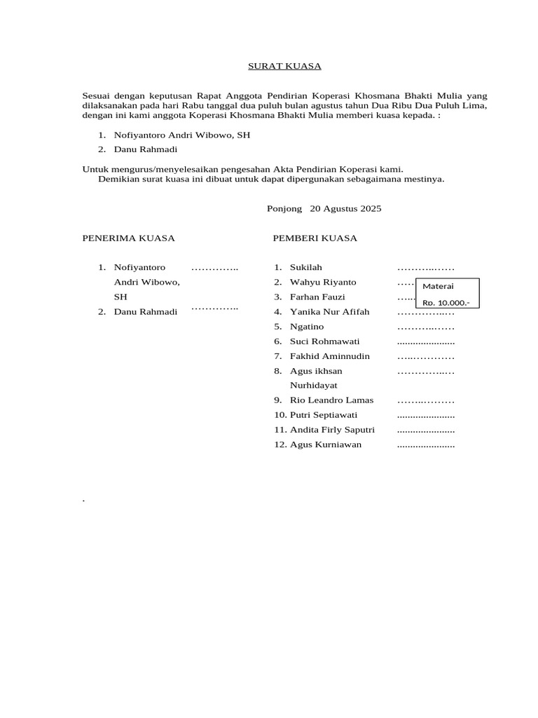 Blk SURAT KUASA KOP-1 Kosma Pemberi Kuasa | PDF