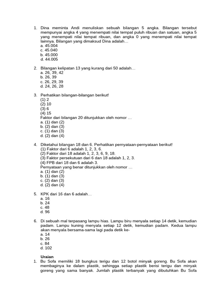 Soal Mat SAS Pilihan 1 | PDF