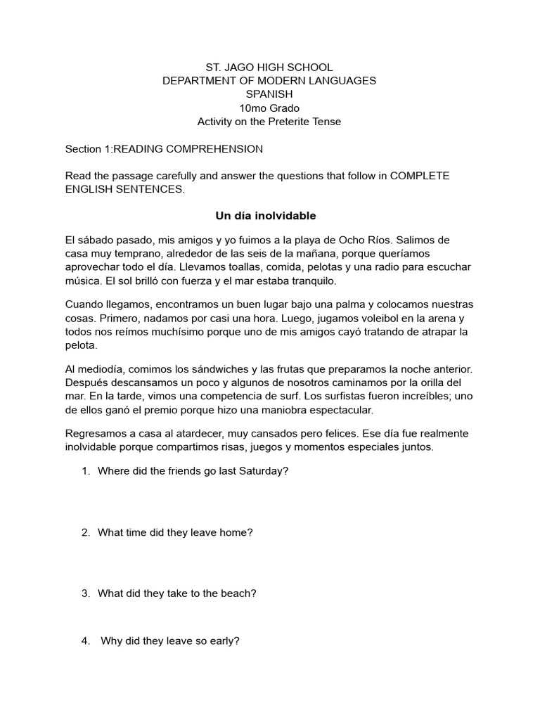 Preterite Tense - Reading Comprehension Passage | PDF