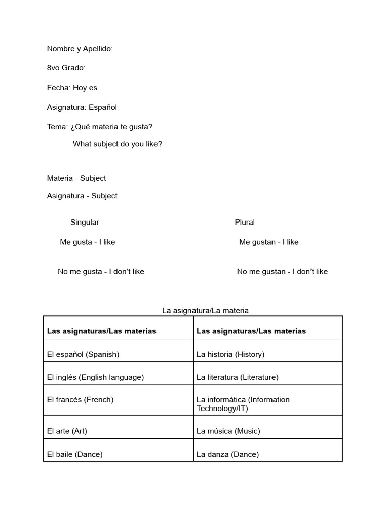 ¿Qué Materia Te Gusta - Notes and Activities | PDF