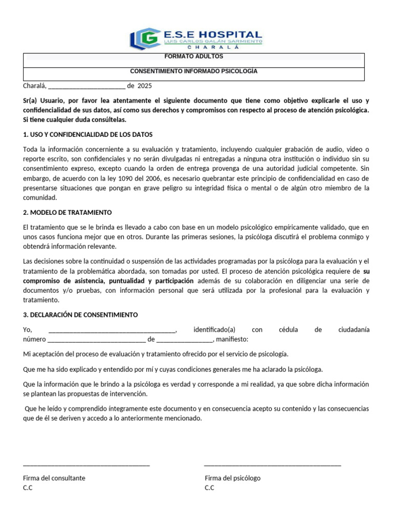 MODELOS CONSENTIMIENTO adullto menor de edad | PDF | Sicología | Psicólogo