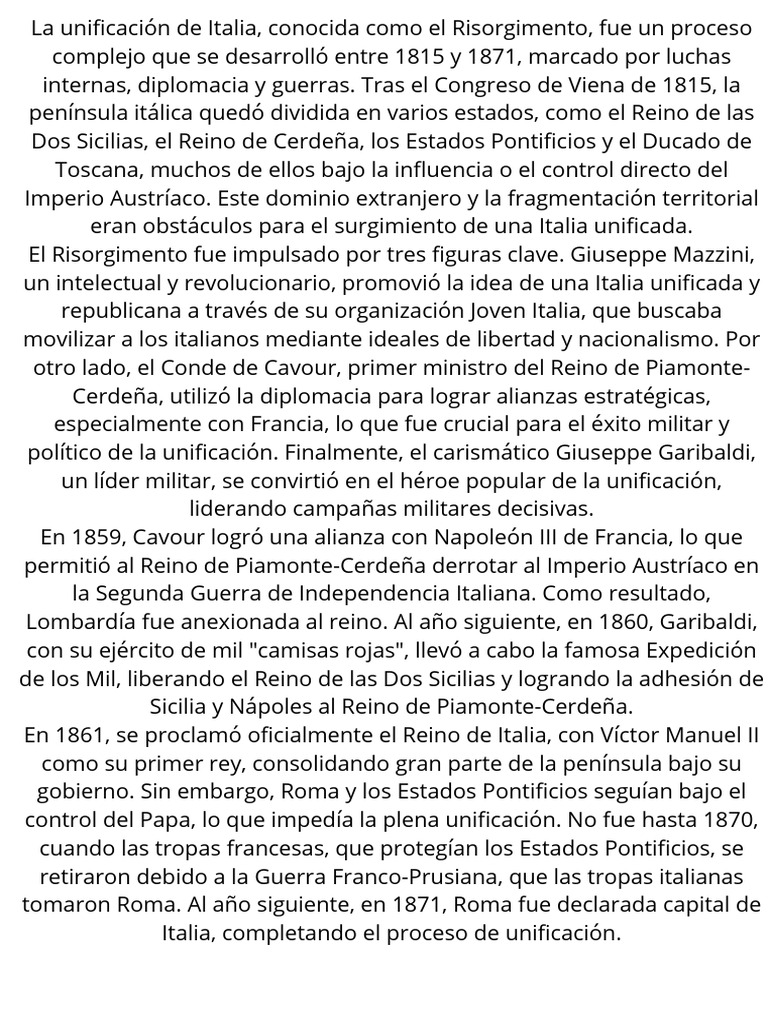 La Unificación de Italia, Conocida Como El Risorgimento, Fue Un Proceso Complejo Que Se ...