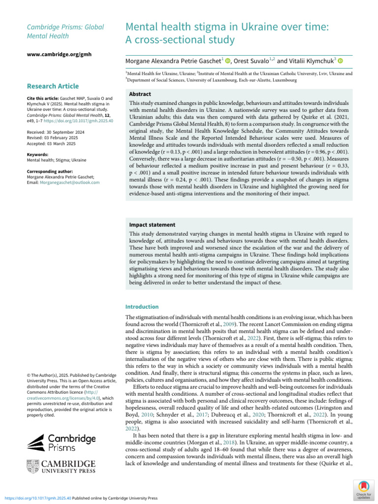Mental Health Stigma in Ukraine Over Time A Crosssectional Study 2025 ...
