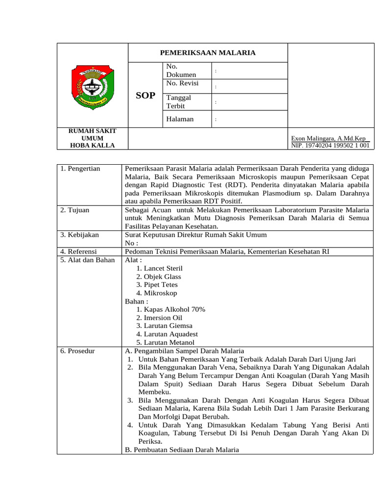 SOP Pemeriksaan Malaria | PDF