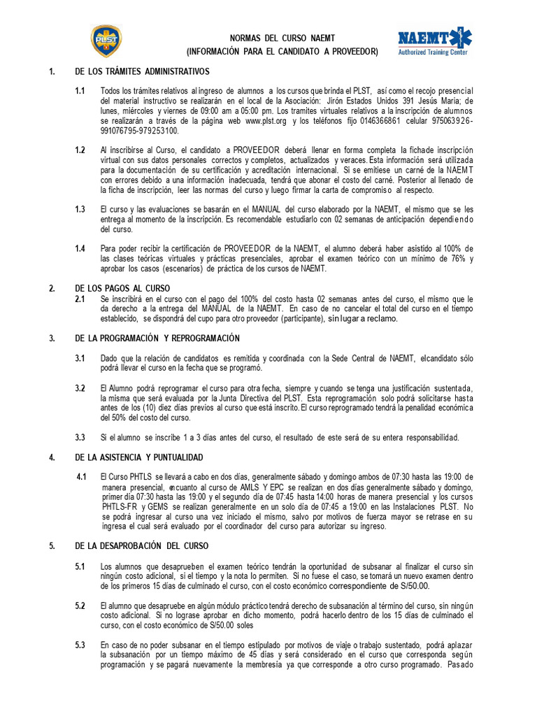 Normas del Curso NAEMT para Proveedores | PDF