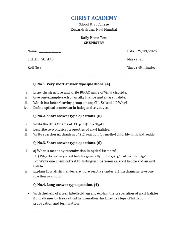Chemistry HDA Home Test 29 Sept QP PDF | PDF