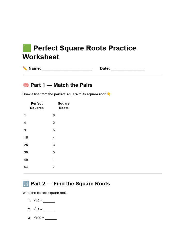 ? Perfect Square Roots Practice Worksheet | PDF