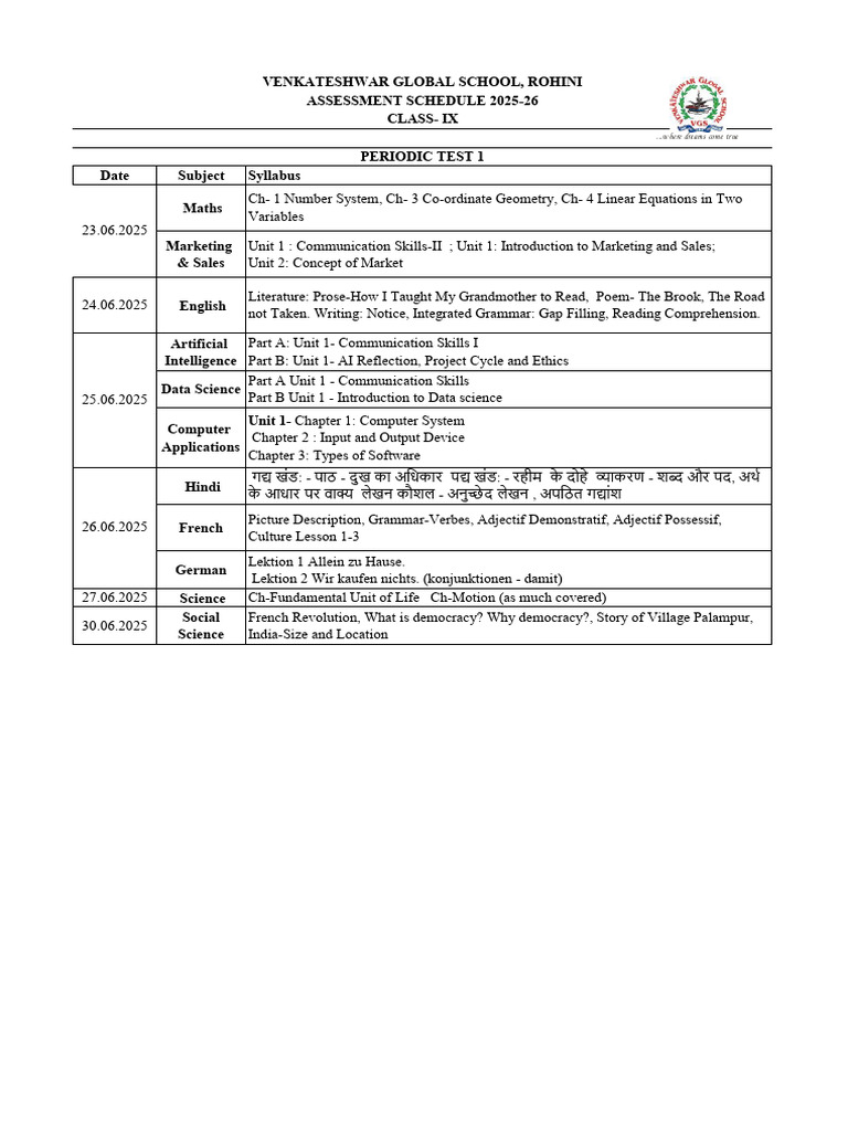 Assessment Schedule 2025-26 Class Ix - 1517 | PDF | Mathematics