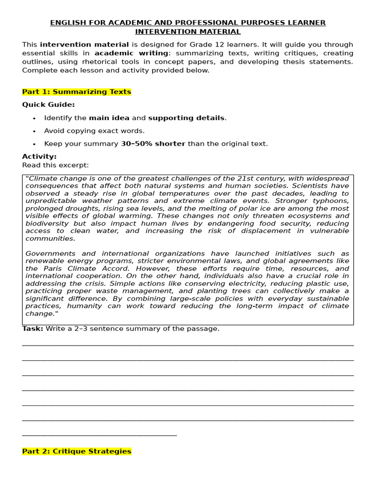 Academic Writing Skills for Grade 12 | PDF | Climate Change | Climate