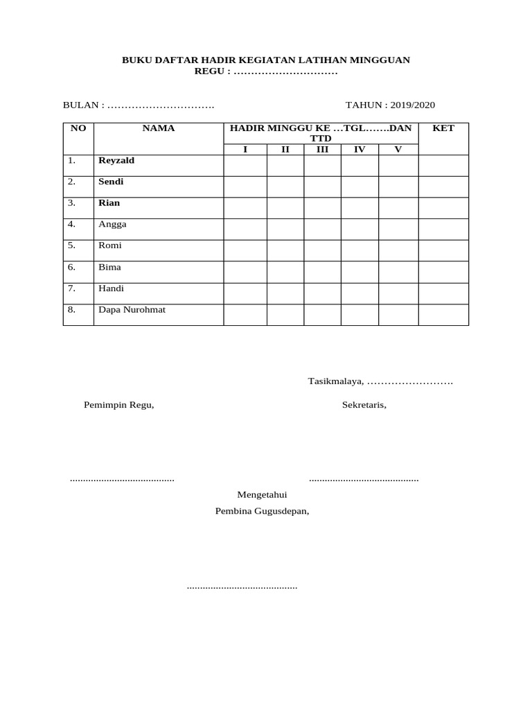 Buku Daftar Hadir Kegiatan Latihan Mingguan | PDF