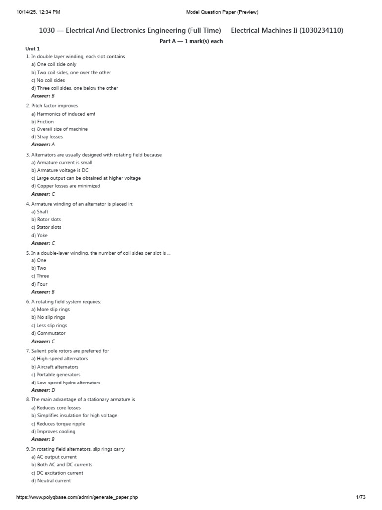 Electrical Machines II Model Questions | PDF | Electric Generator ...