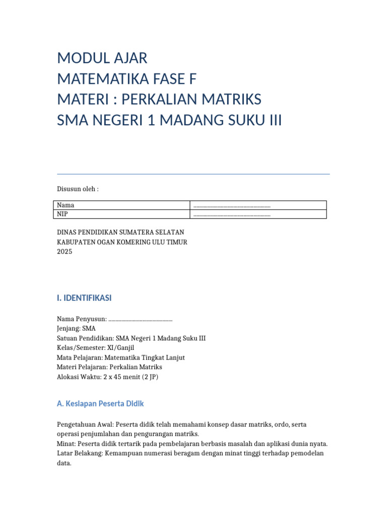 Modul Ajar Deep Learning Perkalian Matriks Kelas XI | PDF