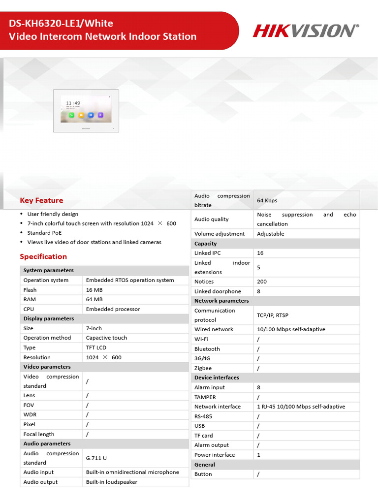 DS KH6320 LE1 White Video Intercom Network Indoor Station Datasheet V1 ...