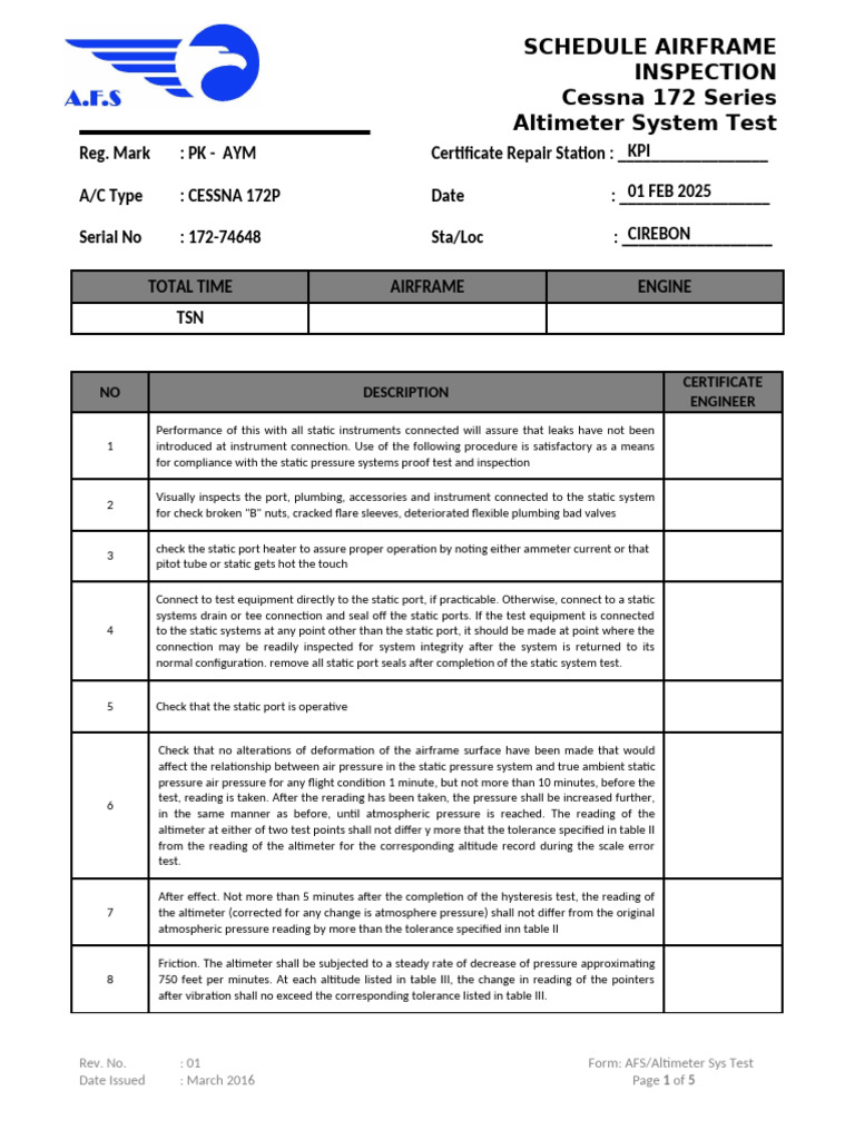 Cessna 172 Altimeter System Test | PDF | Aviation | Aircraft