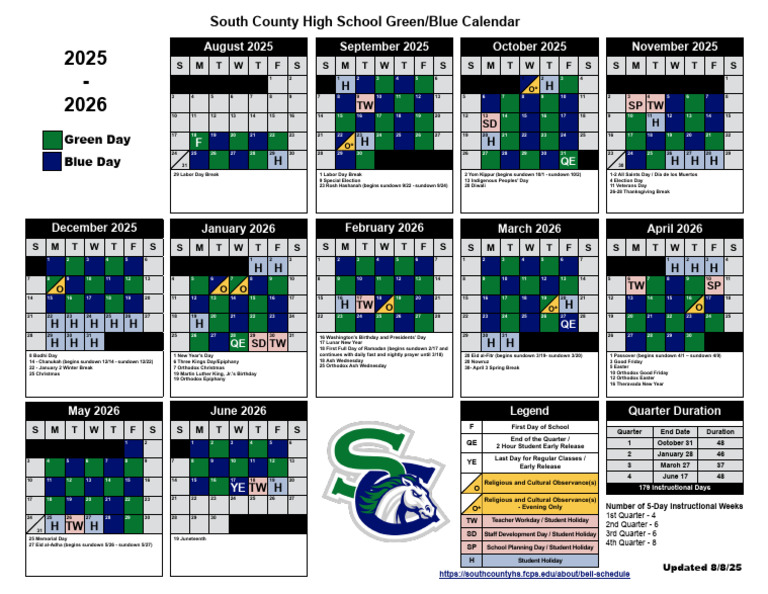 South County High School Green Blue Calendar | PDF | Religious Holidays ...