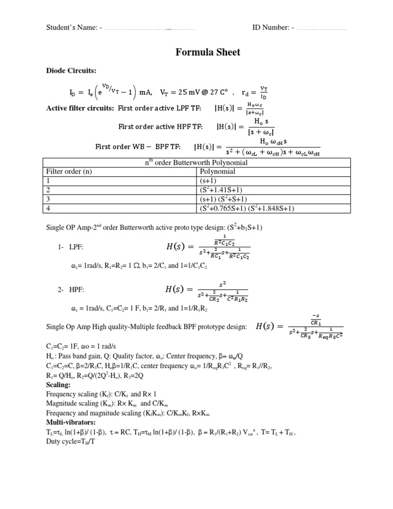 Diode and Active Filter Circuit Formulas | PDF