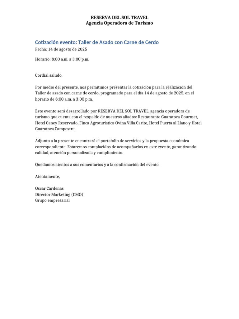Cotizacion Taller Asado ReservaDelSol | PDF | Turismo