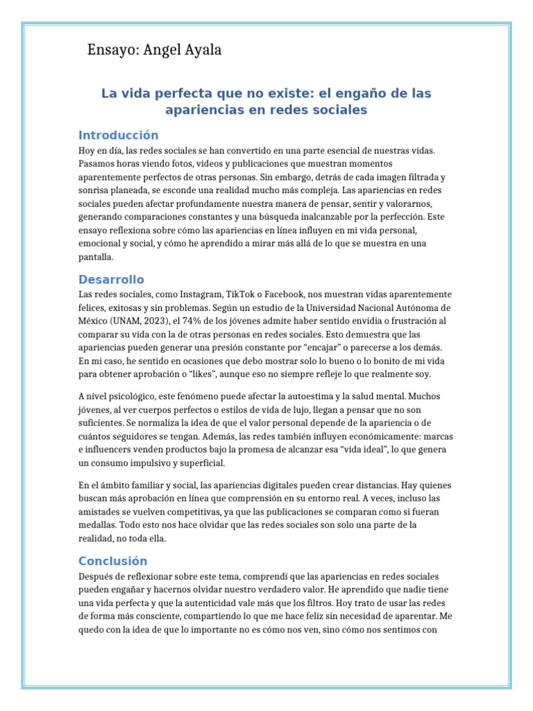 Ensayo Apariencias en Redes Sociales | PDF | Autoestima | Sicología