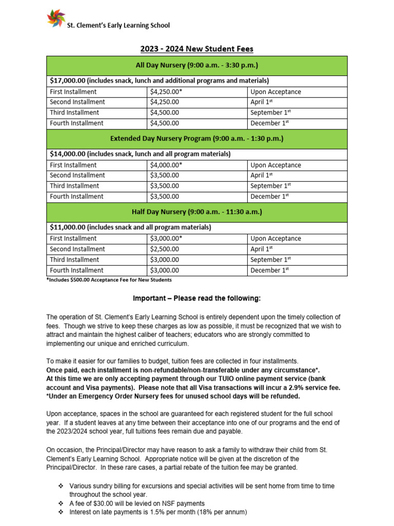 New Student Fees 20232024 Nursery | PDF | Fee | Preschool