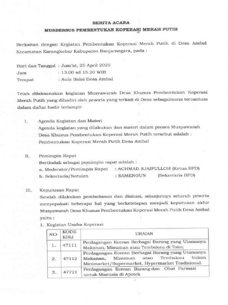 Berita Acara Musdesus Pembentukan Kopdes Desa Ambal - Compressed | PDF