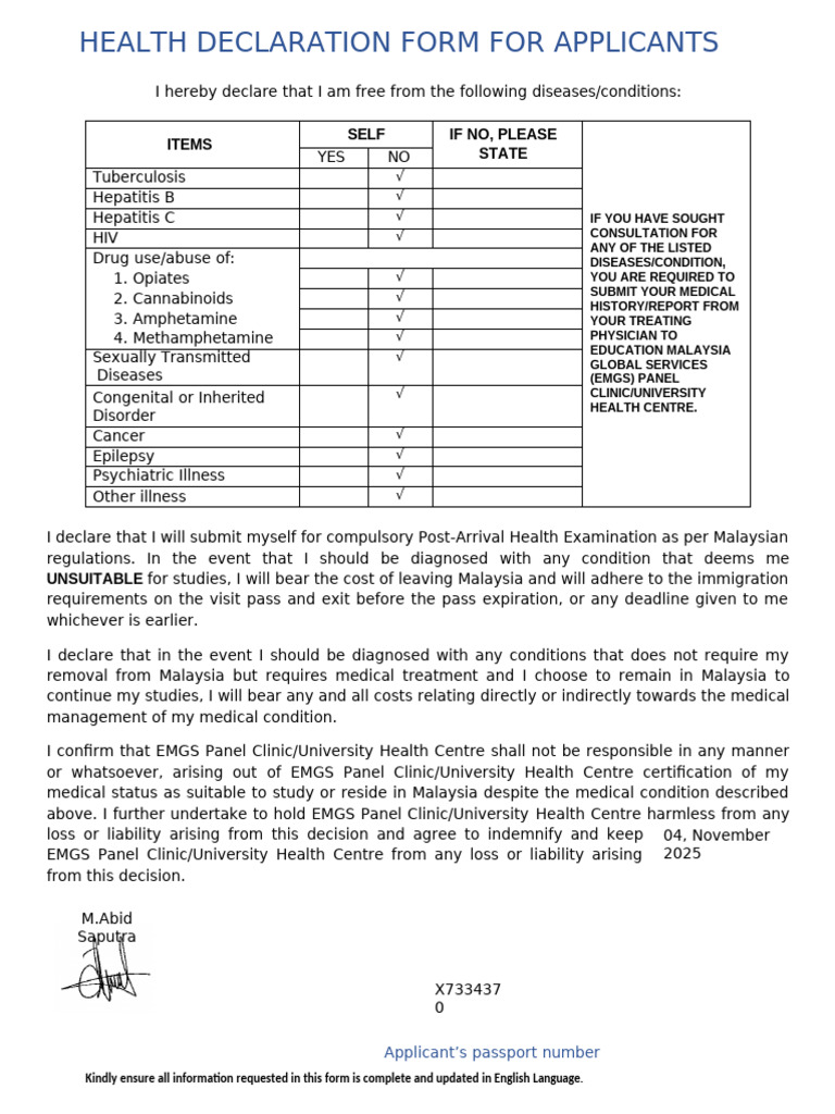 Health Declaration Form For Applicants M. Abid Saputra | PDF ...