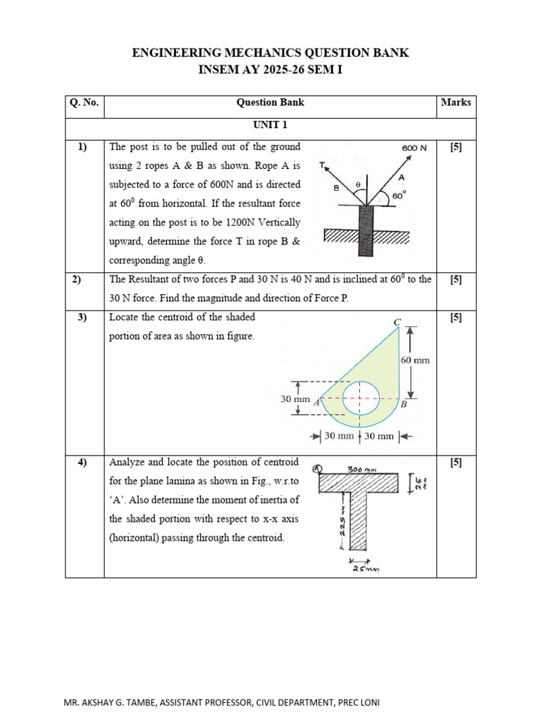 Engineering Mechanics Question Bank | PDF | Force | Weight