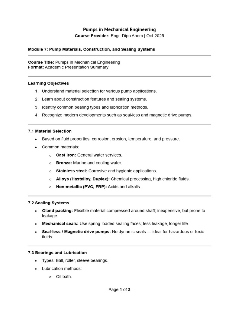Module 7 Pump Materials, Construction, and Sealing Systems | PDF
