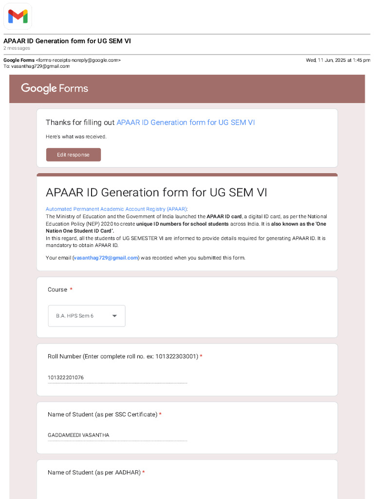 APAAR ID Generation Form For UG SEM VI: Thanks For Filling Out | PDF