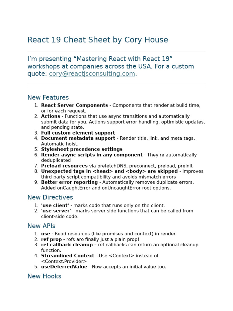 React 19 Cheat Sheet by Cory House | PDF