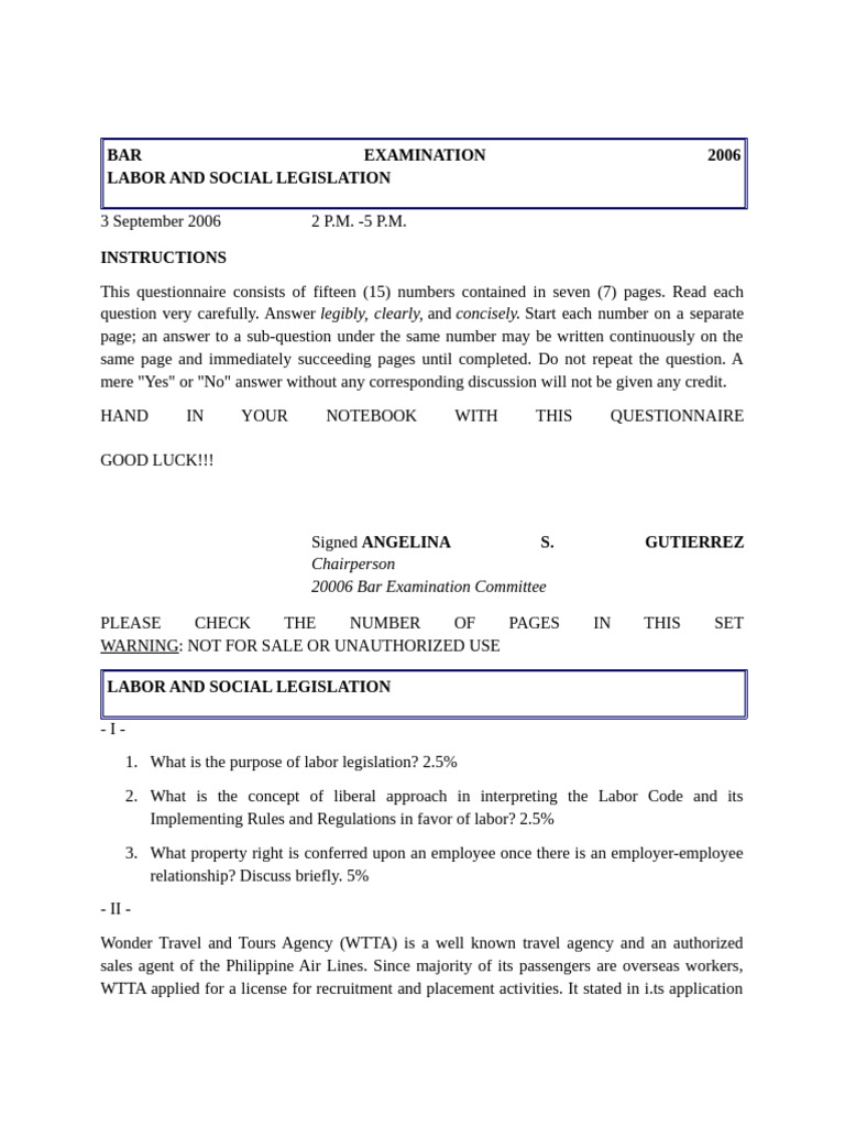 2006 Bar Exam: Labor Law Questions | PDF | Employment | Strike Action