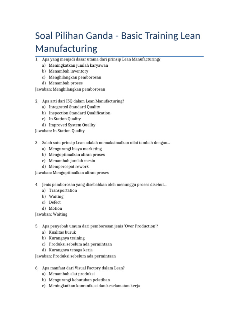 Soal Pilihan Ganda Basic Lean Manufacturing | PDF