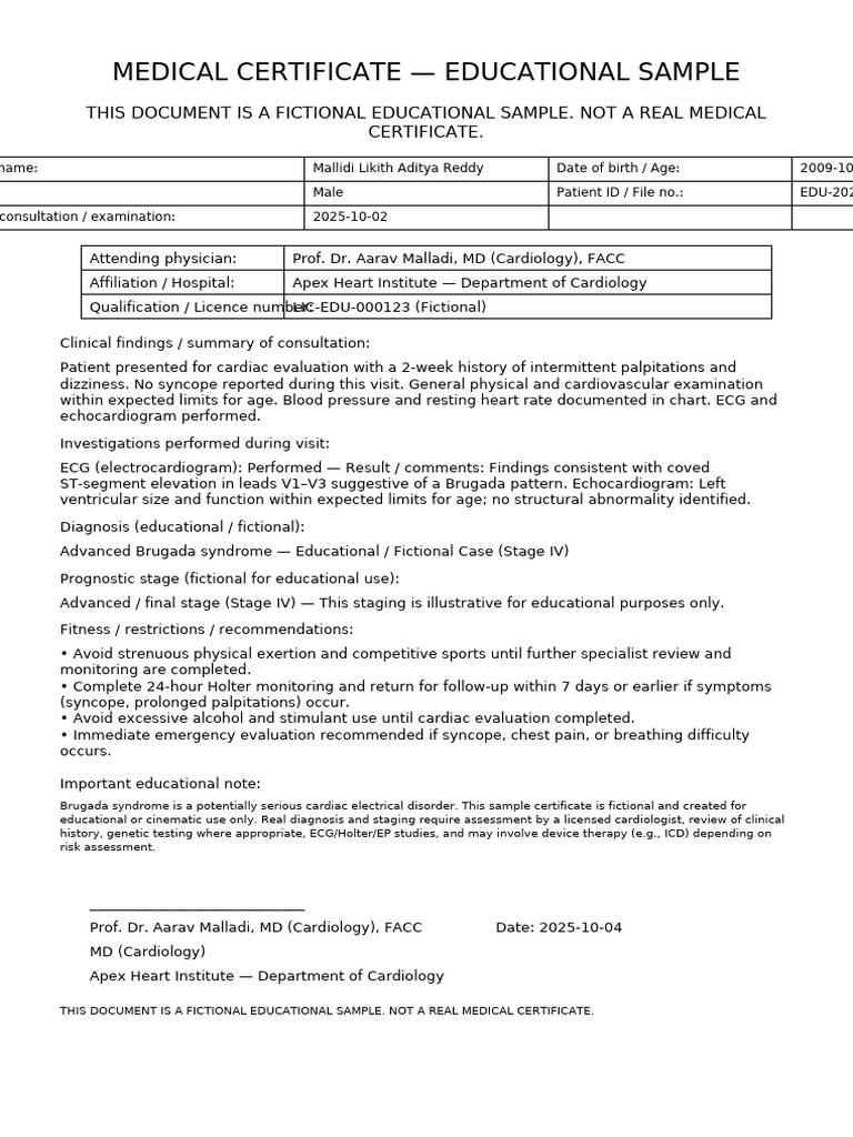 Educational Sample Medical Certificate | PDF | Cardiology | Heart