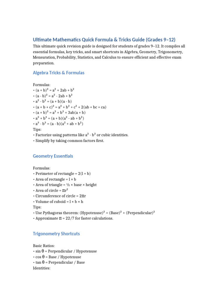 Ultimate Maths Quick Revision Grades 9 To 12 | PDF | Area | Volume