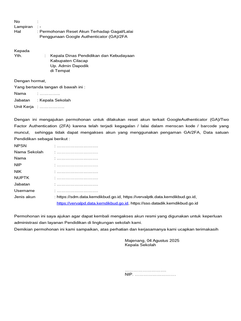 Permohonan Reset Akun Google Authenticator | PDF