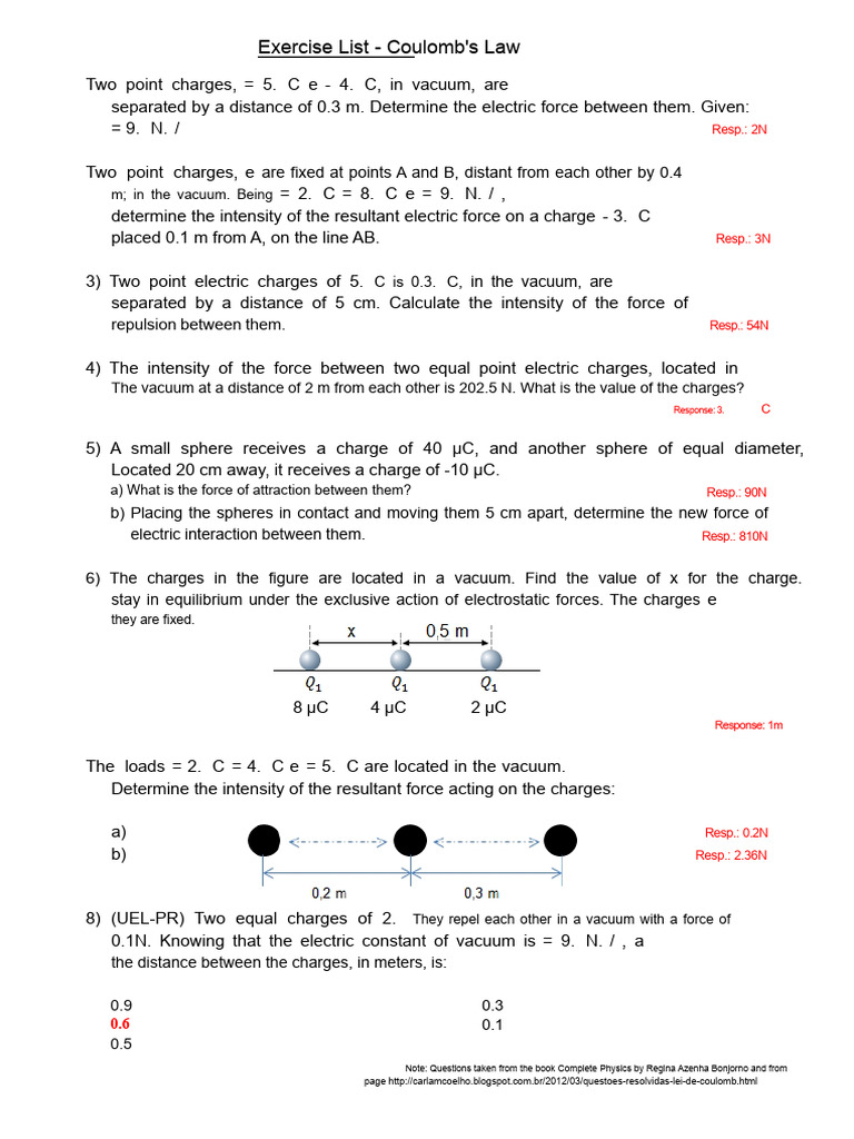 Coulomb's Law Exercise Problems | PDF | Force | Classical Mechanics