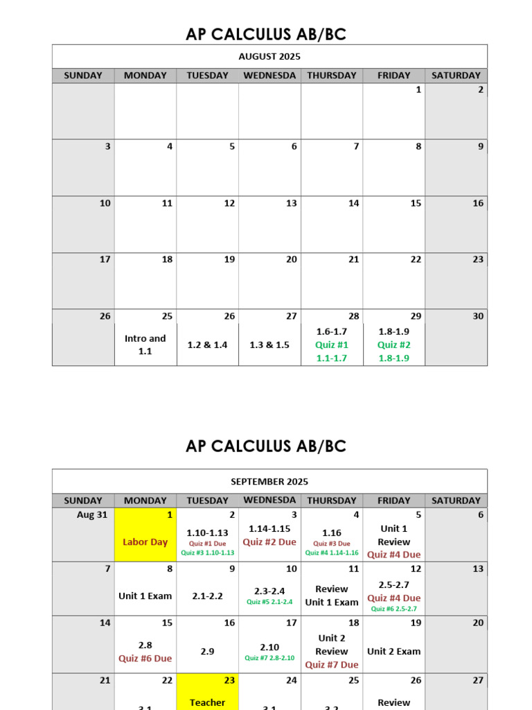 Calc Calendar 25-26 | PDF | Advanced Placement | Calculus