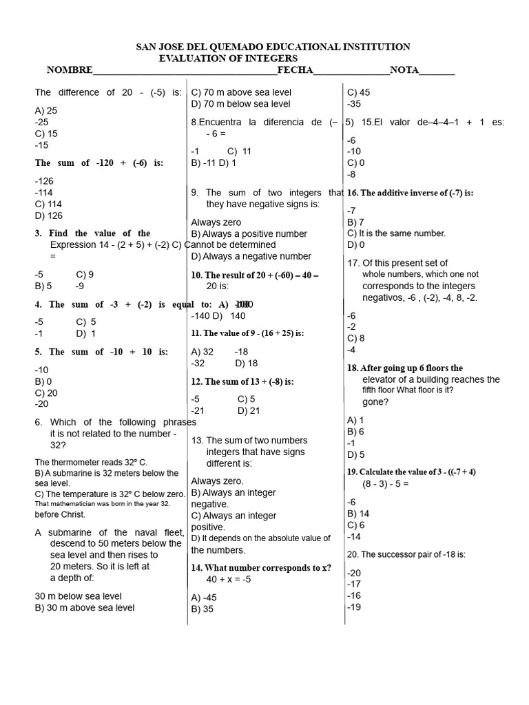Evaluation of Addition and Subtraction of Integers | PDF | Integer ...