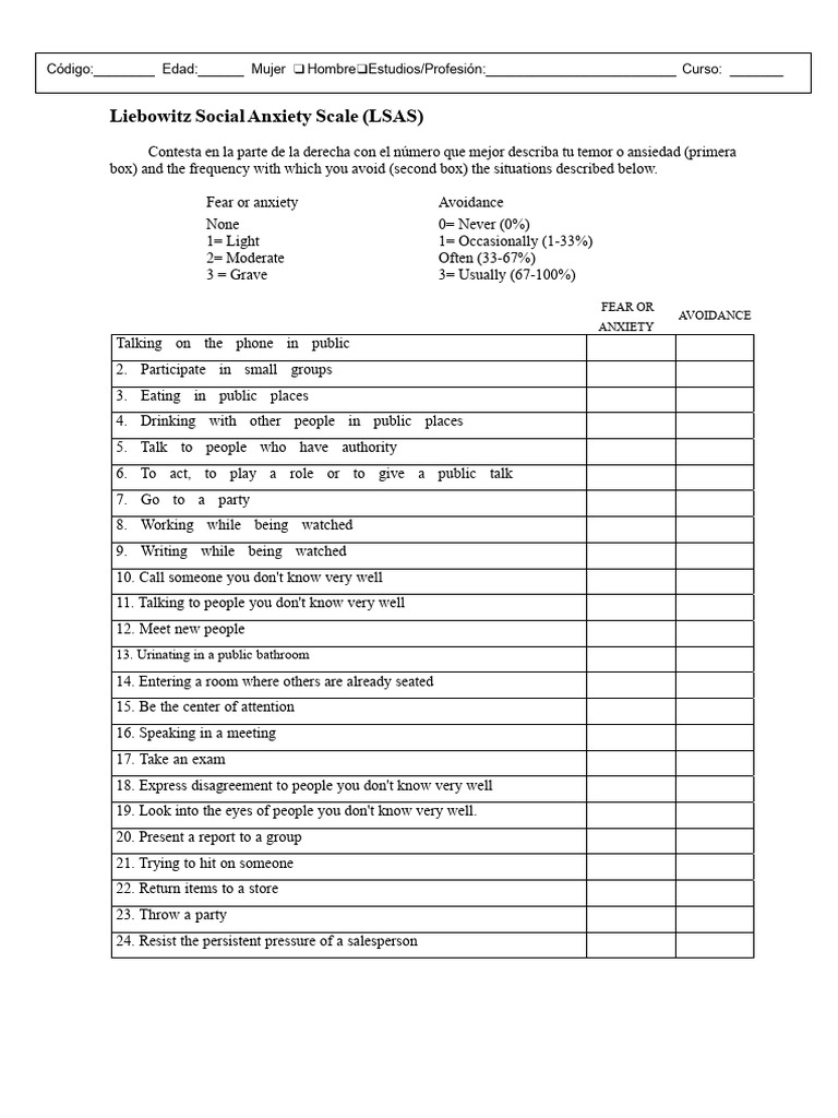 Liebowitz Social Anxiety Scale Assessment | PDF
