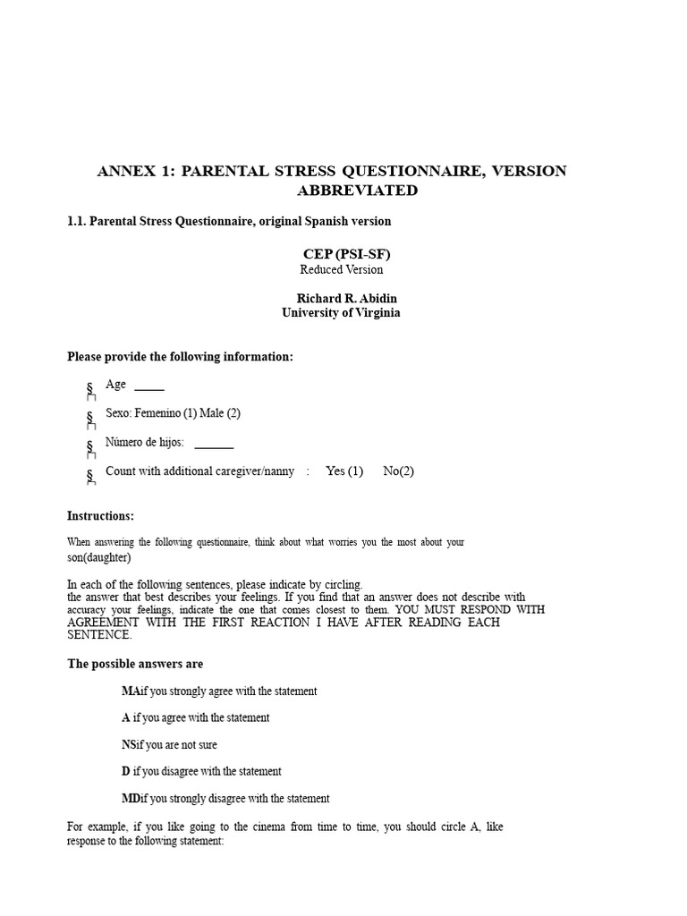 Parental Stress Questionnaire (Abbreviated) | PDF | Behavioural Sciences