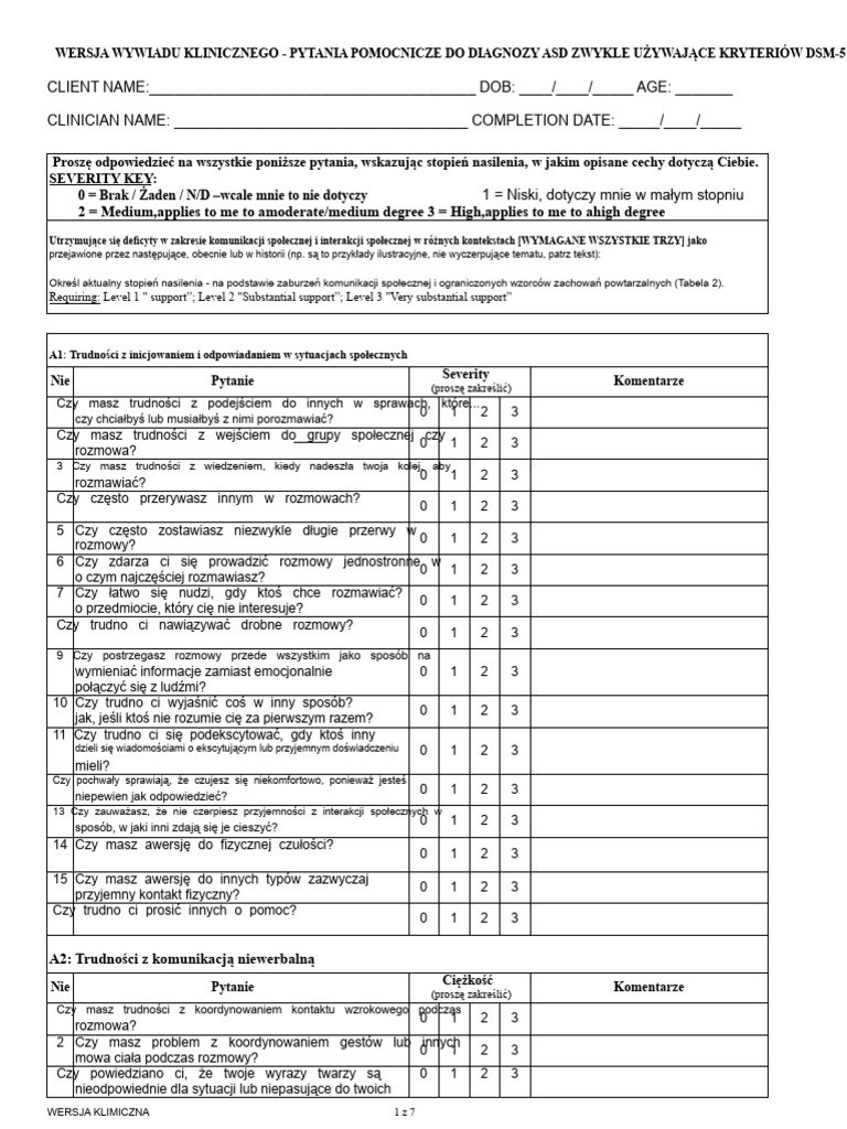 Pytania Do Wywiadu Klinicznego Dotyczącego ASD W DSM-5 | PDF