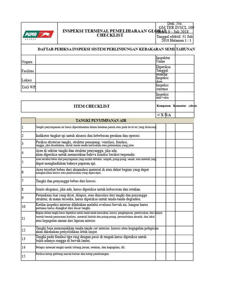 Checklist Inspeksi Tangki Air 2018 | PDF