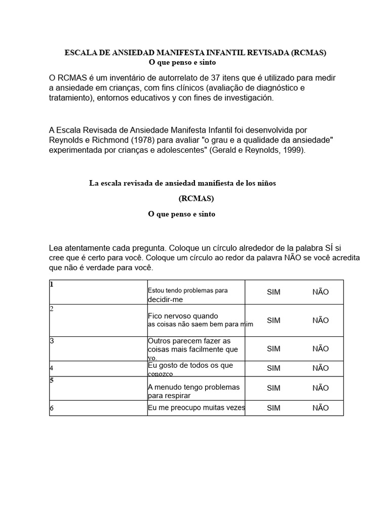 Escala Revisada de Ansiedade Manifesta Infantil (Rcmas) : "O Que Penso e Sinto" | PDF | Ansiedade