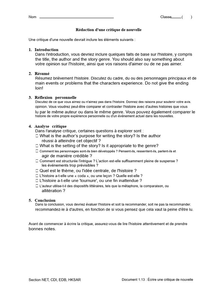 Document 1.13 - Écrire Une Critique de Nouvelle | PDF