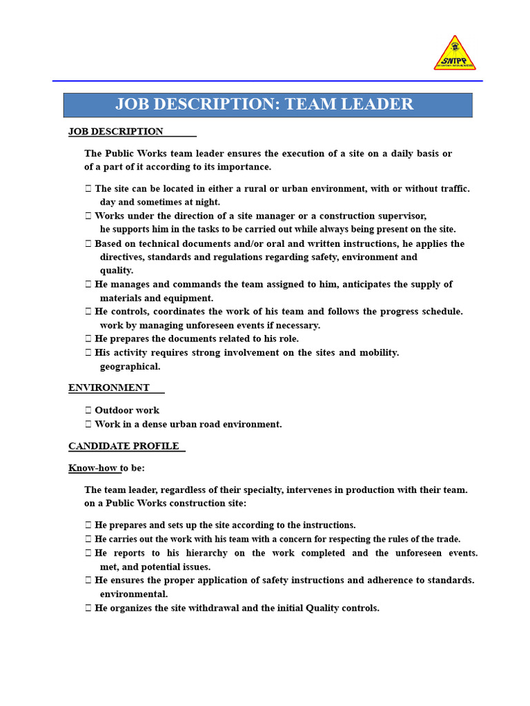 Public Works Team Leader Job Description | PDF | Safety | Occupational ...