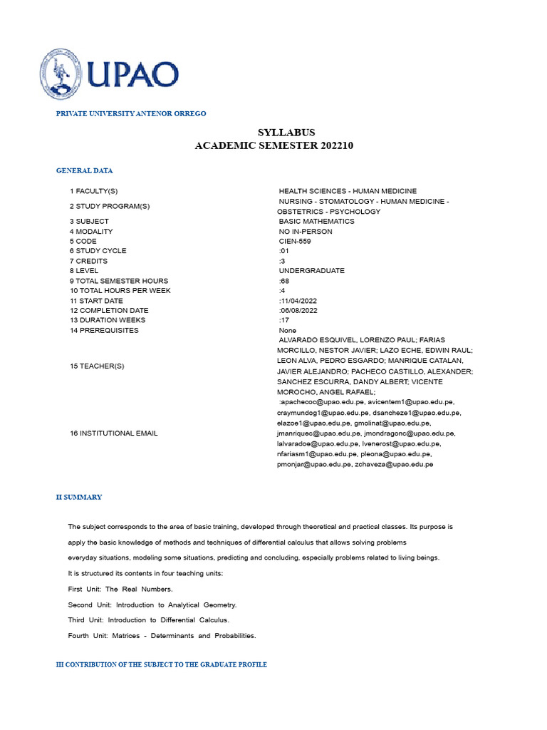 Basic Mathematics Syllabus 2022-2023 | PDF | Equations | Derivative