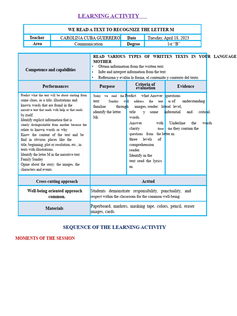 Session WE READ A TEXT TO RECOGNIZE THE LETTER M First Grade | PDF ...